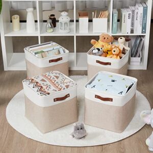 HNZIGE Fabric Baskets Storage Cubes Baskets Set(4 Pack) Large Cube Baskets for Shelves,13x13x13 Storage Cube Bins for Storage with Leather Handles for Home, Toys, Clothes, Kids Room, Closet Storage(White&Beige)