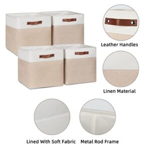 HNZIGE Fabric Baskets Storage Cubes Baskets Set(4 Pack) Large Cube Baskets for Shelves,13x13x13 Storage Cube Bins for Storage with Leather Handles for Home, Toys, Clothes, Kids Room, Closet Storage(White&Beige)