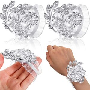 4 pack rhinestone corsage wristlet artificial wrist silk flower wrist corsage bracelets flower with peal and diamond wedding corsage wristlet band white bridal corsage bracelet silk wrist flower