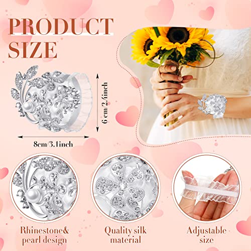 4 Pack Rhinestone Corsage Wristlet Artificial Wrist Silk Flower Wrist Corsage Bracelets Flower with Peal and Diamond Wedding Corsage Wristlet Band White Bridal Corsage Bracelet Silk Wrist Flower