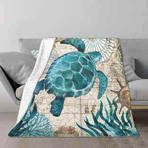 plush air conditioning throw blanket, vintage ocean turtle starfish world map ultra-soft cozy plush blankets for bed couch chair office living room 50″x40″.