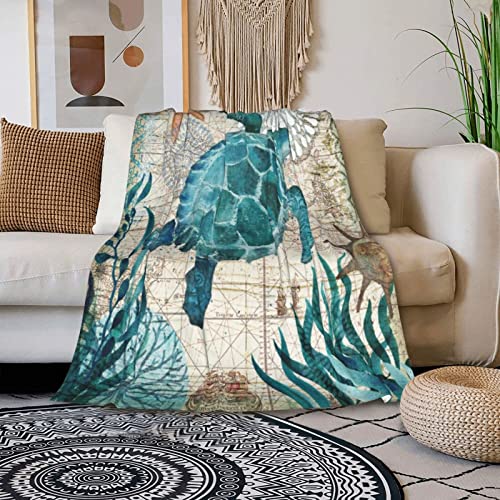 Plush Air Conditioning Throw Blanket, Vintage Ocean Turtle Starfish World Map Ultra-Soft Cozy Plush Blankets for Bed Couch Chair Office Living Room 50"x40".