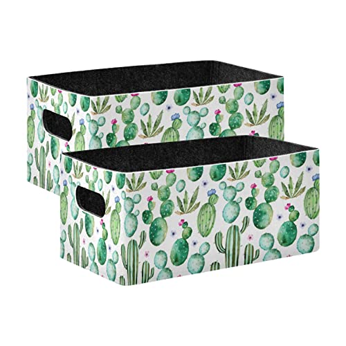 Emelivor Cactus Succulent Floral Storage Basket Bins Set (2pcs) Felt Collapsible Storage Bins with Fabric Rectangle Baskets for Organizing for Office Bedroom Closet Babies Nursery