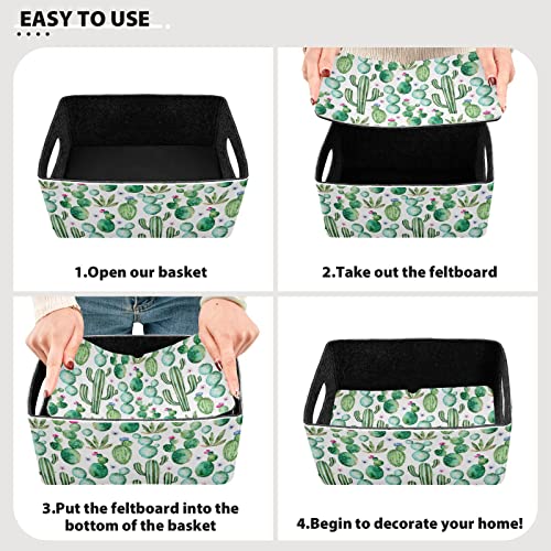 Emelivor Cactus Succulent Floral Storage Basket Bins Set (2pcs) Felt Collapsible Storage Bins with Fabric Rectangle Baskets for Organizing for Office Bedroom Closet Babies Nursery