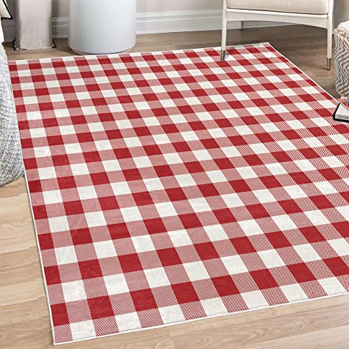 Ambesonne Plaid Decorative Rug, Lumberjack Fashion Buffalo Checks Pattern Retro Style Grid Composition, Quality Carpet for Bedroom Dorm and Living Room, 5' 1" X 7' 5", Red and White