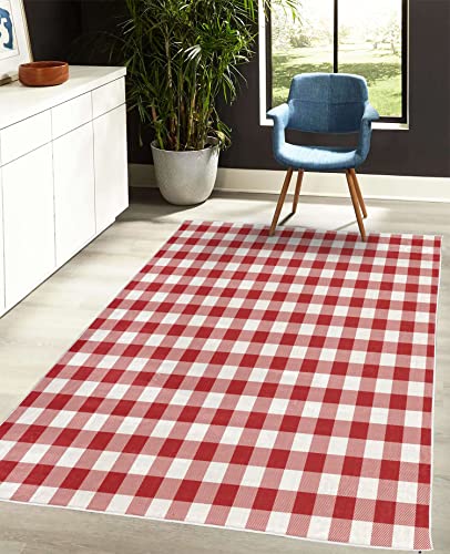 Ambesonne Plaid Decorative Rug, Lumberjack Fashion Buffalo Checks Pattern Retro Style Grid Composition, Quality Carpet for Bedroom Dorm and Living Room, 5' 1" X 7' 5", Red and White