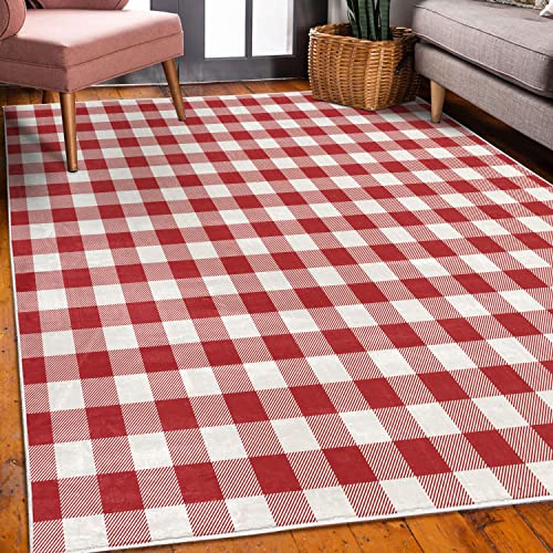 Ambesonne Plaid Decorative Rug, Lumberjack Fashion Buffalo Checks Pattern Retro Style Grid Composition, Quality Carpet for Bedroom Dorm and Living Room, 5' 1" X 7' 5", Red and White