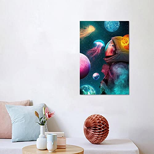 Spaceman Posters for Room Aesthetic Outer Space Scenery Artwork Unframed 16x24in Colorful Planet Jellyfish Print Pictures Gift for Adults Kids, 16x24 in