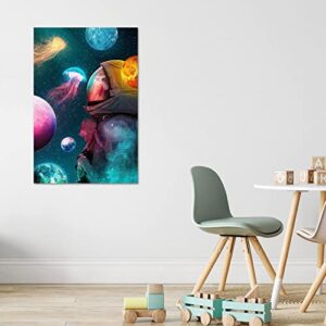 Spaceman Posters for Room Aesthetic Outer Space Scenery Artwork Unframed 16x24in Colorful Planet Jellyfish Print Pictures Gift for Adults Kids, 16x24 in