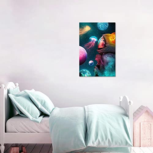 Spaceman Posters for Room Aesthetic Outer Space Scenery Artwork Unframed 16x24in Colorful Planet Jellyfish Print Pictures Gift for Adults Kids, 16x24 in