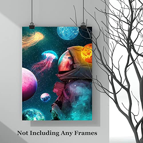 Spaceman Posters for Room Aesthetic Outer Space Scenery Artwork Unframed 16x24in Colorful Planet Jellyfish Print Pictures Gift for Adults Kids, 16x24 in