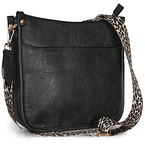 KOGTLA Women's Crossbody Shoulder Bag with Leopard Guitar Strap,Vegan Leather Purse Handbag Bucket Tote Bag Black