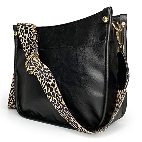 KOGTLA Women's Crossbody Shoulder Bag with Leopard Guitar Strap,Vegan Leather Purse Handbag Bucket Tote Bag Black