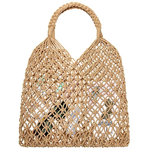 Women's Straw Bag Straw Beach Bag Straw Tote Beach Straw Handbag Handmade Fishing Net Travel Beach Handbag Shopping Woven Straw Bags for Girls Ladies Supplies