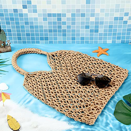 Women's Straw Bag Straw Beach Bag Straw Tote Beach Straw Handbag Handmade Fishing Net Travel Beach Handbag Shopping Woven Straw Bags for Girls Ladies Supplies