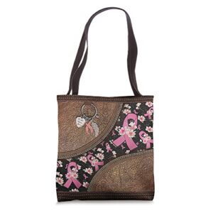 pink ribbon floral zipper-leather-breast cancer awareness tote bag