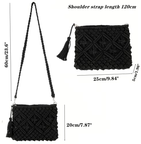 AZWBAG Straw Crossbody Bag for women tassel handmade shoulder bag Casual Beach Summer Beach Envelope Clutch Straws Wallet (Black)