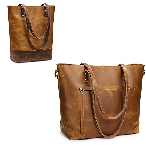 S-ZONE Vintage Genuine Leather Shoulder Bag Work Totes for Women Purse Handbag with Back Zipper Pocket Large