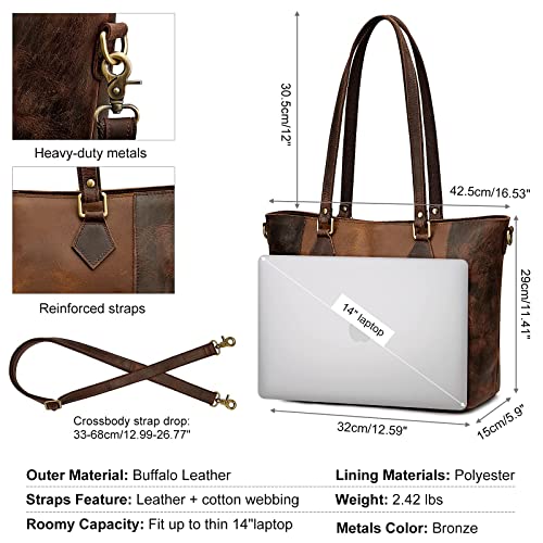 S-ZONE Vintage Genuine Leather Shoulder Bag Work Totes for Women Purse Handbag with Back Zipper Pocket Large