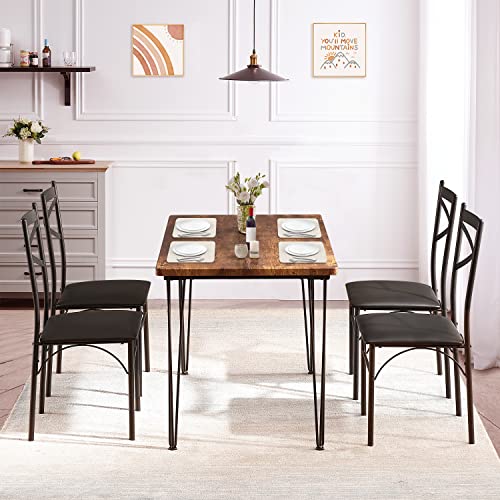 VECELO Kitchen Dining Room Table Set for Dinette, Breakfast Nook, 4 PU Metal Frame Chairs,Rectangular, Brown