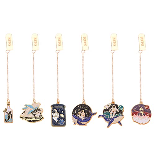 6 Pcs The Wandering Earth Series Metal Bookmark with Enamel Charms, Brass Alloy Bookmarks with Pendant, Cartoon Astronaut and Whale Theme Book Markers Christmas Gift for Girls Kids Lovers Readers