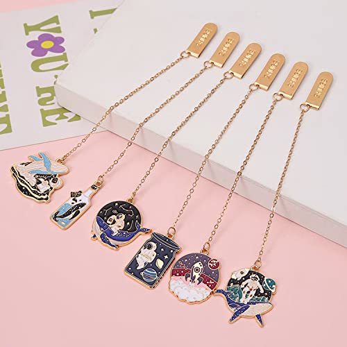 6 Pcs The Wandering Earth Series Metal Bookmark with Enamel Charms, Brass Alloy Bookmarks with Pendant, Cartoon Astronaut and Whale Theme Book Markers Christmas Gift for Girls Kids Lovers Readers