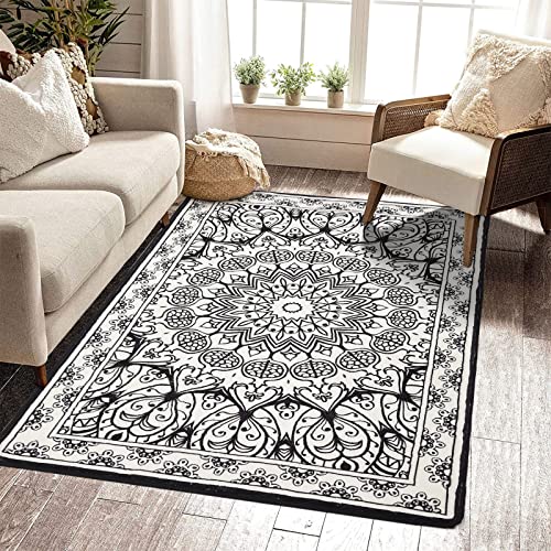 LINROMIA Boho Rug 3' x 5', Persian Floral Area Rug Soft Faux Wool Bedroom Rug Bohemian Washable Accent Rug Mat Indoor Outdoor Non-Slip Throw Carpet for Living Room Dining Black SND White