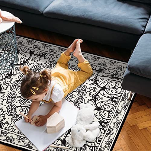 LINROMIA Boho Rug 3' x 5', Persian Floral Area Rug Soft Faux Wool Bedroom Rug Bohemian Washable Accent Rug Mat Indoor Outdoor Non-Slip Throw Carpet for Living Room Dining Black SND White