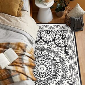 LINROMIA Boho Rug 3' x 5', Persian Floral Area Rug Soft Faux Wool Bedroom Rug Bohemian Washable Accent Rug Mat Indoor Outdoor Non-Slip Throw Carpet for Living Room Dining Black SND White