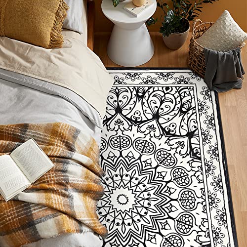 LINROMIA Boho Rug 3' x 5', Persian Floral Area Rug Soft Faux Wool Bedroom Rug Bohemian Washable Accent Rug Mat Indoor Outdoor Non-Slip Throw Carpet for Living Room Dining Black SND White