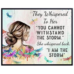 They Whispered to Her You Cannot Withstand The Storm - Boho Positive Motivational - Uplifting Encouragement Gifts for Women Teens BFF - Inspirational Quote Wall Art - Hippie Dragonfly Wall Decor Print