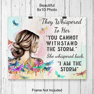 They Whispered to Her You Cannot Withstand The Storm - Boho Positive Motivational - Uplifting Encouragement Gifts for Women Teens BFF - Inspirational Quote Wall Art - Hippie Dragonfly Wall Decor Print