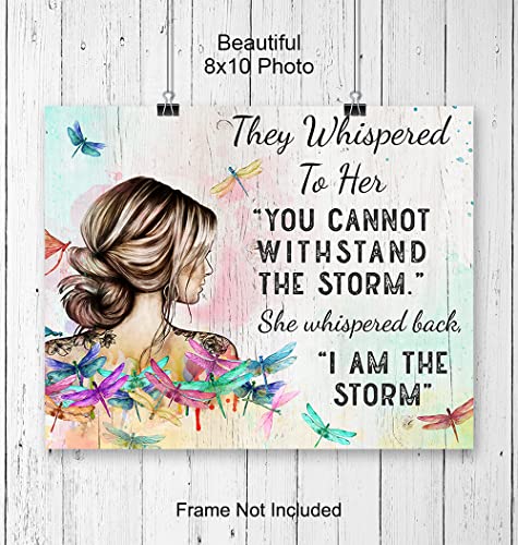 They Whispered to Her You Cannot Withstand The Storm - Boho Positive Motivational - Uplifting Encouragement Gifts for Women Teens BFF - Inspirational Quote Wall Art - Hippie Dragonfly Wall Decor Print