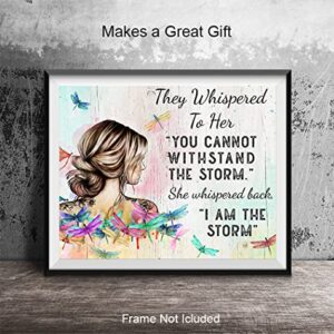 They Whispered to Her You Cannot Withstand The Storm - Boho Positive Motivational - Uplifting Encouragement Gifts for Women Teens BFF - Inspirational Quote Wall Art - Hippie Dragonfly Wall Decor Print