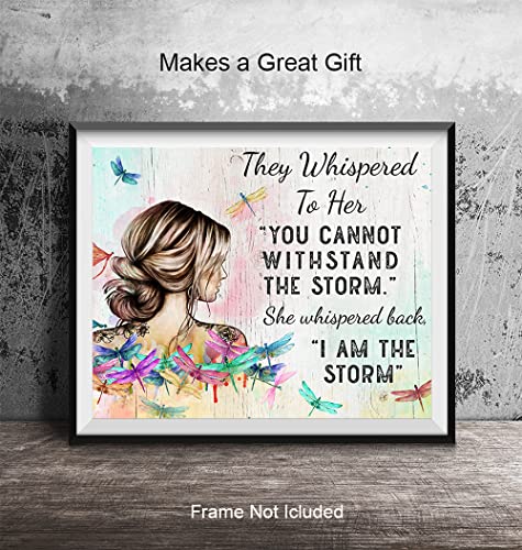 They Whispered to Her You Cannot Withstand The Storm - Boho Positive Motivational - Uplifting Encouragement Gifts for Women Teens BFF - Inspirational Quote Wall Art - Hippie Dragonfly Wall Decor Print