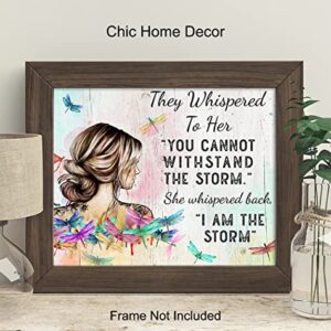 They Whispered to Her You Cannot Withstand The Storm - Boho Positive Motivational - Uplifting Encouragement Gifts for Women Teens BFF - Inspirational Quote Wall Art - Hippie Dragonfly Wall Decor Print