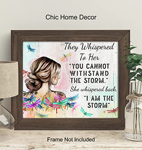 They Whispered to Her You Cannot Withstand The Storm - Boho Positive Motivational - Uplifting Encouragement Gifts for Women Teens BFF - Inspirational Quote Wall Art - Hippie Dragonfly Wall Decor Print