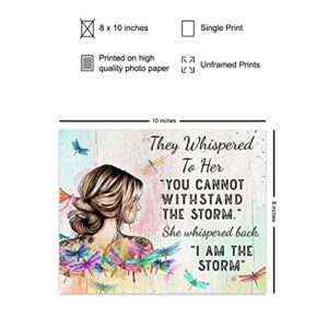 They Whispered to Her You Cannot Withstand The Storm - Boho Positive Motivational - Uplifting Encouragement Gifts for Women Teens BFF - Inspirational Quote Wall Art - Hippie Dragonfly Wall Decor Print