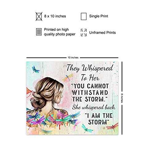 They Whispered to Her You Cannot Withstand The Storm - Boho Positive Motivational - Uplifting Encouragement Gifts for Women Teens BFF - Inspirational Quote Wall Art - Hippie Dragonfly Wall Decor Print