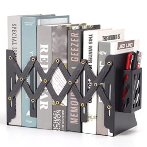 adjustable bookends – metal book end holder with removable pen holder pocket for office, school, desktop files organizer / book shelf, expandable book binder holder