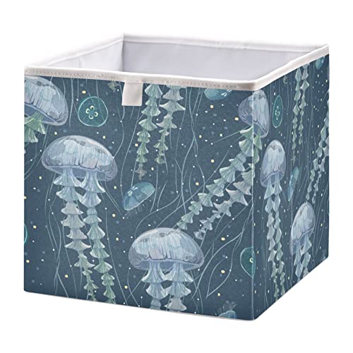 Blue Jellyfish Storage Baskets for Shelves Foldable Collapsible Storage Box Bins with Fabric Bins Cube Toys Organizers for Pantry Toys, Clothes, Books in Closet and Shelf,11 x 11inch