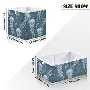 Blue Jellyfish Storage Baskets for Shelves Foldable Collapsible Storage Box Bins with Fabric Bins Cube Toys Organizers for Pantry Toys, Clothes, Books in Closet and Shelf,11 x 11inch