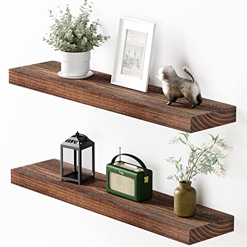 VERTORGAN Floating Shelves, Wood Wall Shelves, Rustic Wall Mounted Floating Shelf with Large Storage for Bedroom Living Room Bathroom Kitchen Office (Set of 2, Brown, 23.6 Inch)