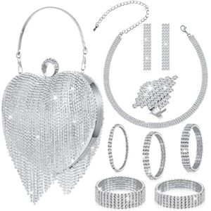 9 pieces women rhinestone crystal jewelry set crystal evening clutch purse rhinestone tassel choker necklace glitter dangle fringe earrings bracelet ring for women wedding bridal party (heart style)