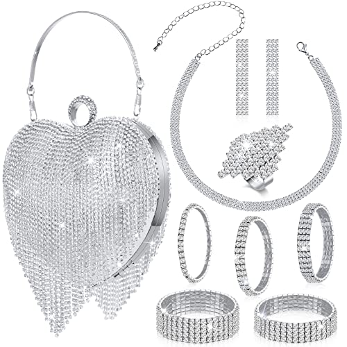 9 Pieces Women Rhinestone Crystal Jewelry Set Crystal Evening Clutch Purse Rhinestone Tassel Choker Necklace Glitter Dangle Fringe Earrings Bracelet Ring for Women Wedding Bridal Party (Heart Style)