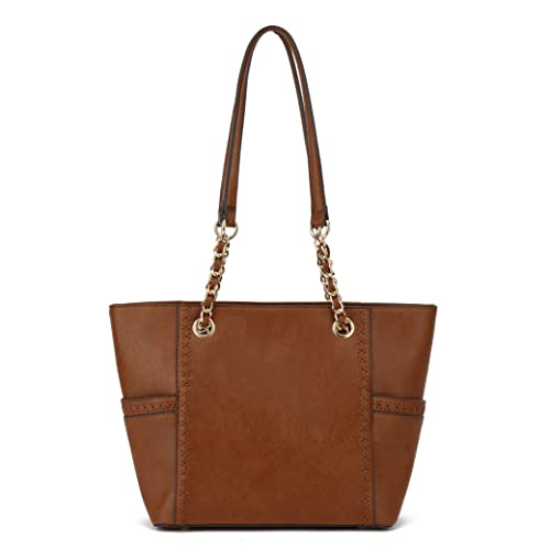 Style Strategy PU Leather Tote with Whipstitch Details and Chain - Women Fashion Shoulder Handbag Purse