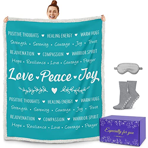 SIMORAS Positive Words Blanket with Sleep Mask, Socks and Gift Box - 'Love Peace Joy' Comfort Blanket Gift Set for Christmas, Birthday - Positive Energy Throw Blankets for Women - Teal 60" x 50"