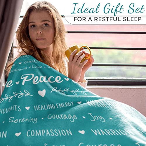 SIMORAS Positive Words Blanket with Sleep Mask, Socks and Gift Box - 'Love Peace Joy' Comfort Blanket Gift Set for Christmas, Birthday - Positive Energy Throw Blankets for Women - Teal 60" x 50"