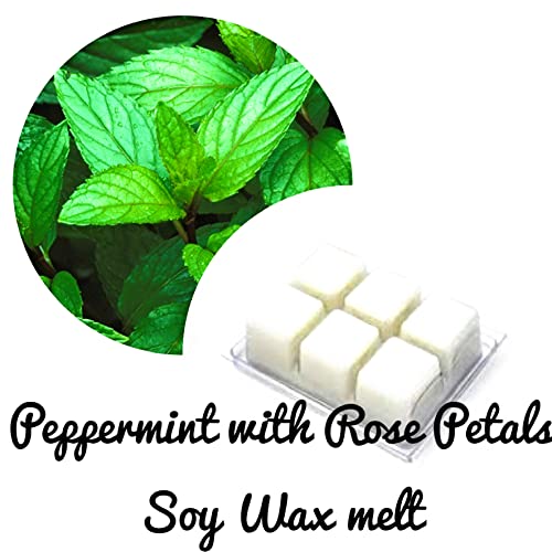 Soy Wax Melt- Peppermint with Rose Petals- Super Fragrant- One Bar Six Cubes- Free Surprise Wax Melt Sample with Order (Peppermint w/Rose Petals)