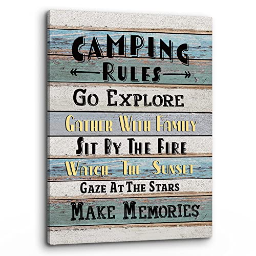 PHAMTE Funny Camping Rules Quote Wall Art, Farmhouse Rustic Camping Rules Camper Signs Print Framed Canvas Painting Artwork RV Home Room Decor (11x14 Inch)